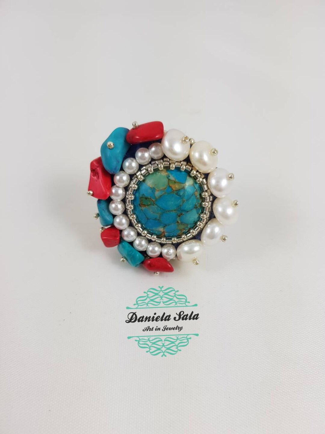 Maxi Ring With Turquoise, Red Coral and Pearls - Etsy