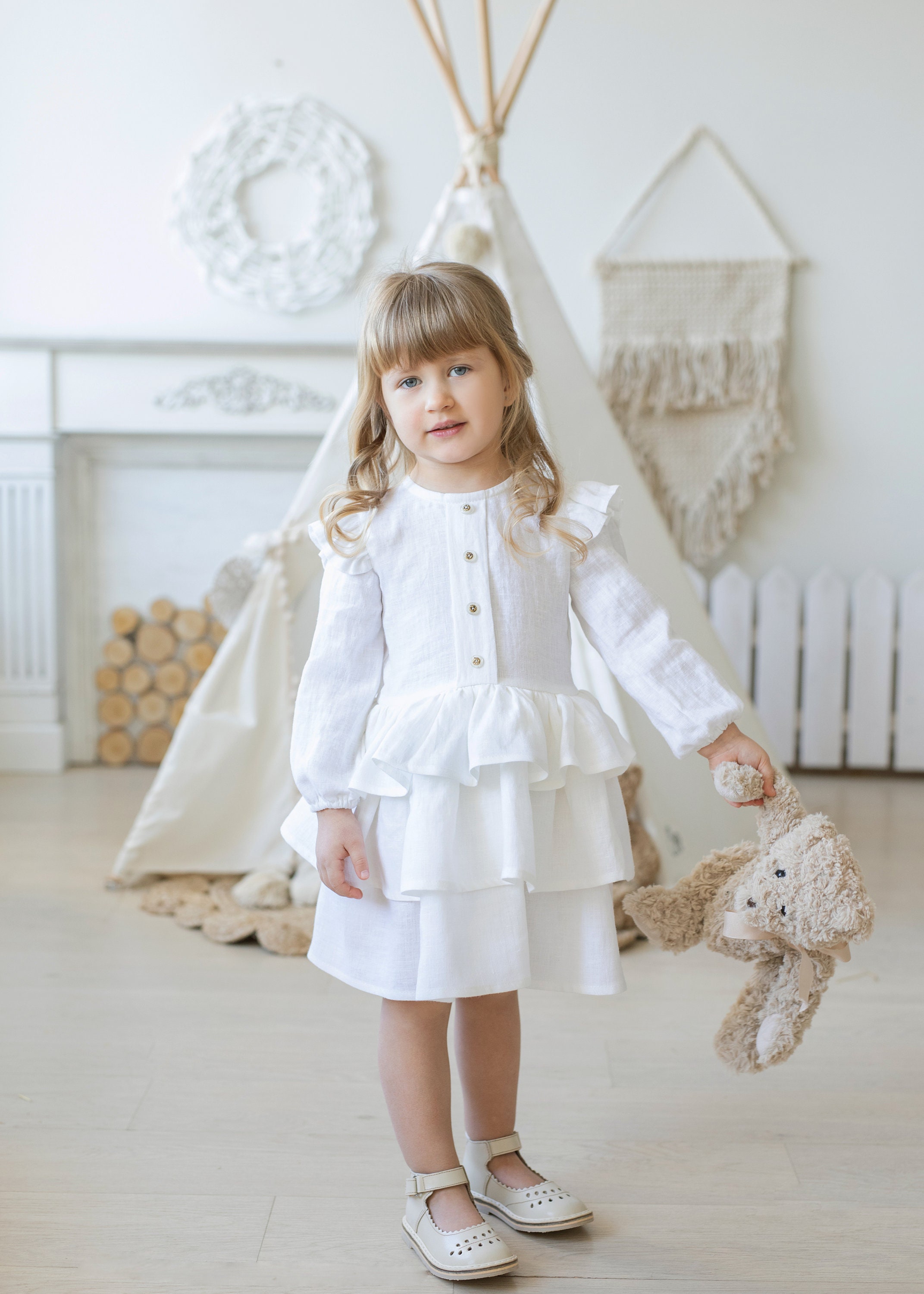 Long Sleeve Girls Linen Dress ASTRA Baby Linen Dress Baptism Dress ...