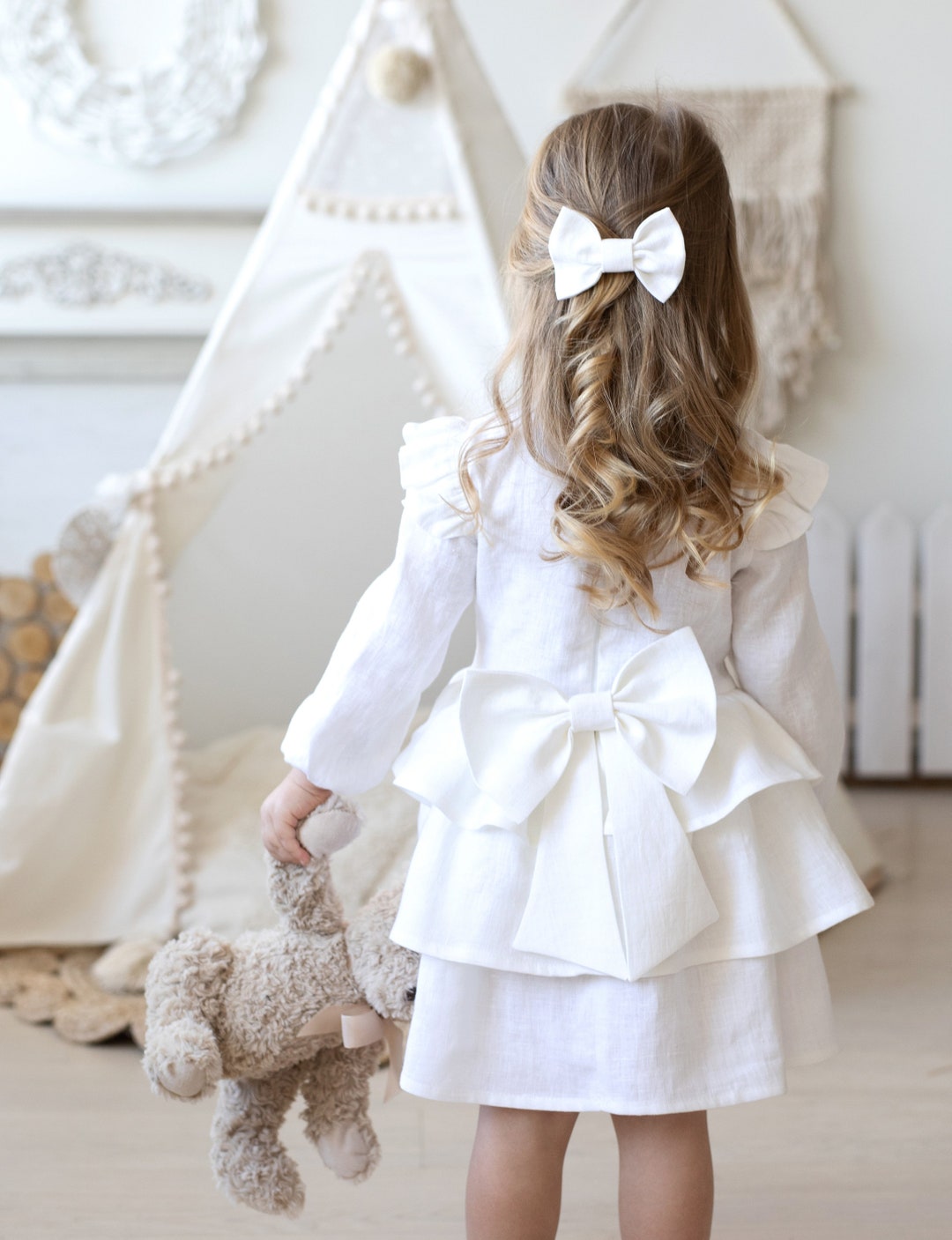 Long Sleeve Girls Linen Dress ASTRA Baby Linen Dress Baptism Dress ...