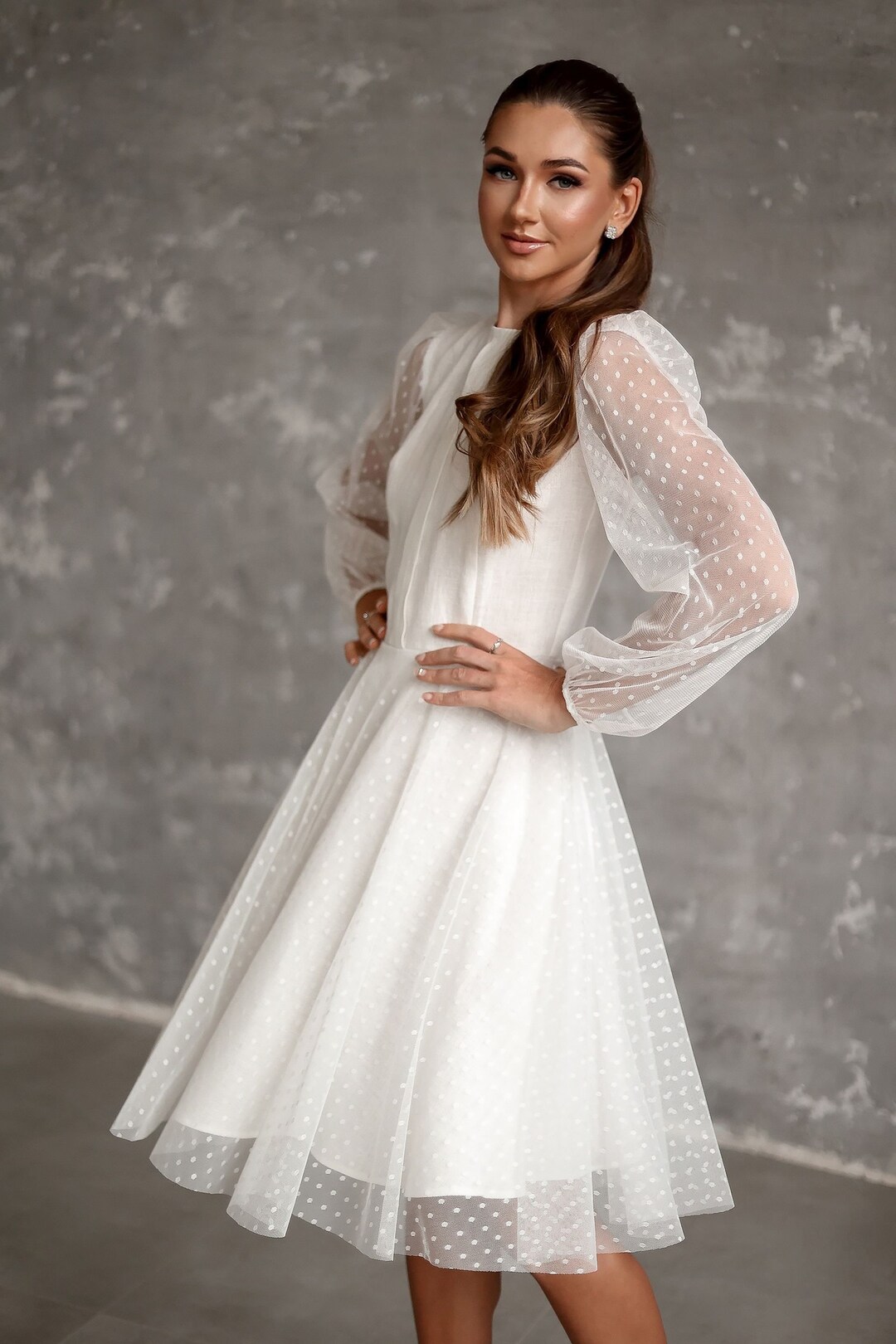 White Linen Boho Dress With Tulle: Wedding or Christening - Etsy