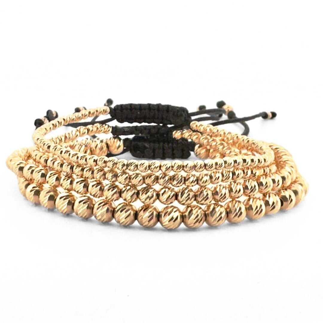 14K Solid Gold Beaded Bracelet for Men and Women, Adjustable String ...