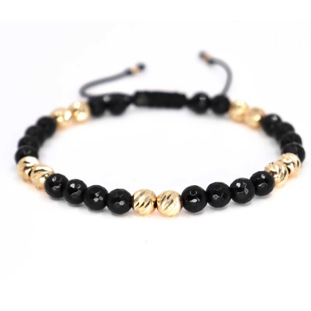 Black Onyx and 14K Real Gold Beads Bracelet, Faceted Onyx Stone and ...