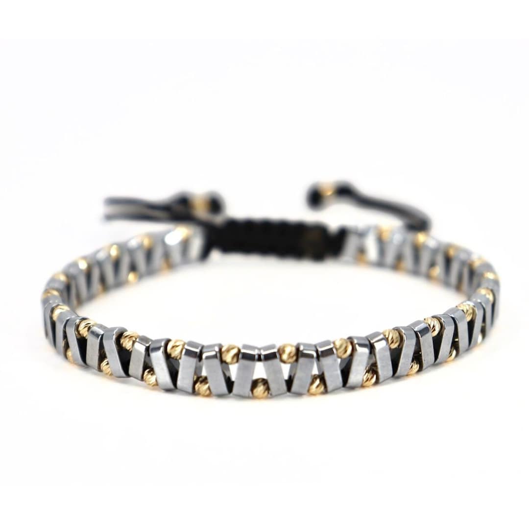 14K Gold Bracelet for Men, Hematite Stone Mens Bracelet, 14K Gold Slash ...