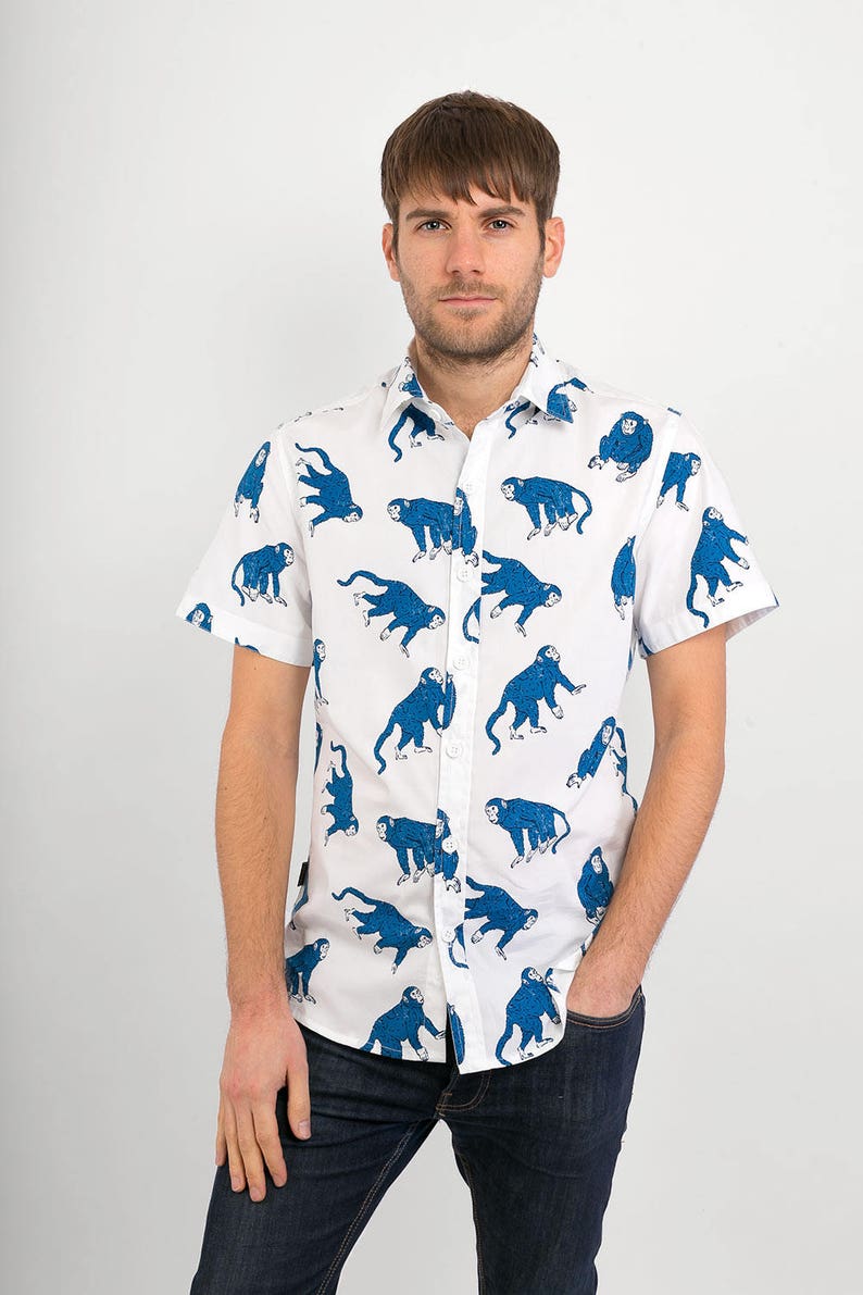 Mens 100% Cotton Short Sleeve Slim Fit Shirt Blue White Monkey Print - Etsy