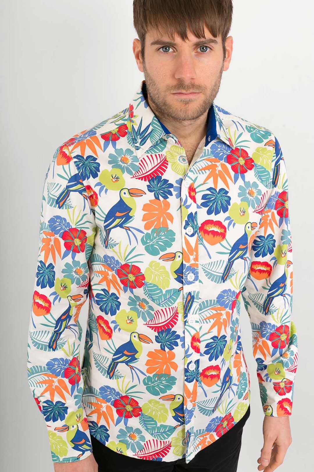 Mens Bird & Floral Print Shirt, Slim Fit Cotton Long Sleeve - Etsy