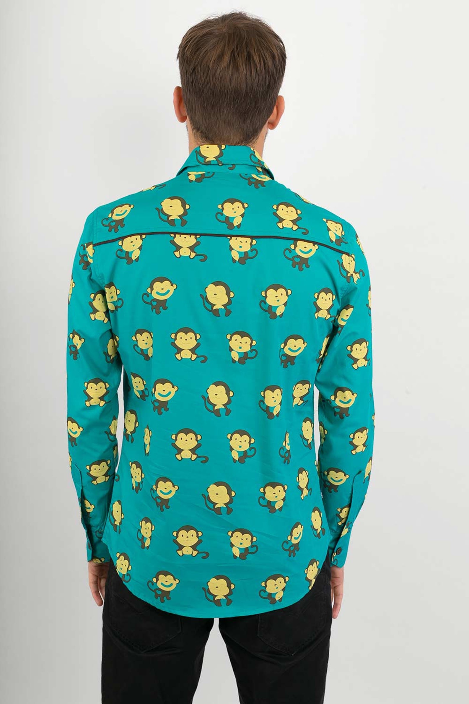 Mens 100% Cotton Long Sleeve Slim Fit Shirt Blue Green Monkeys - Etsy