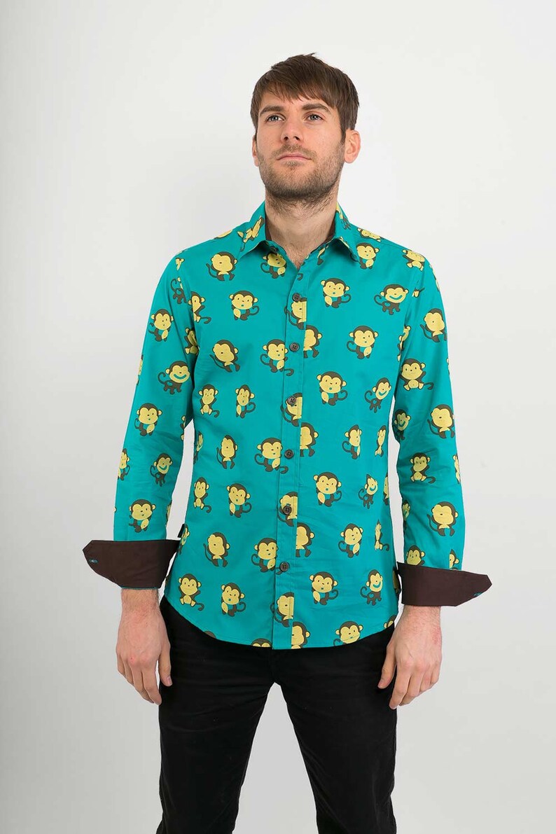 Mens 100% Cotton Long Sleeve Slim Fit Shirt Blue Green Monkeys Print - Etsy