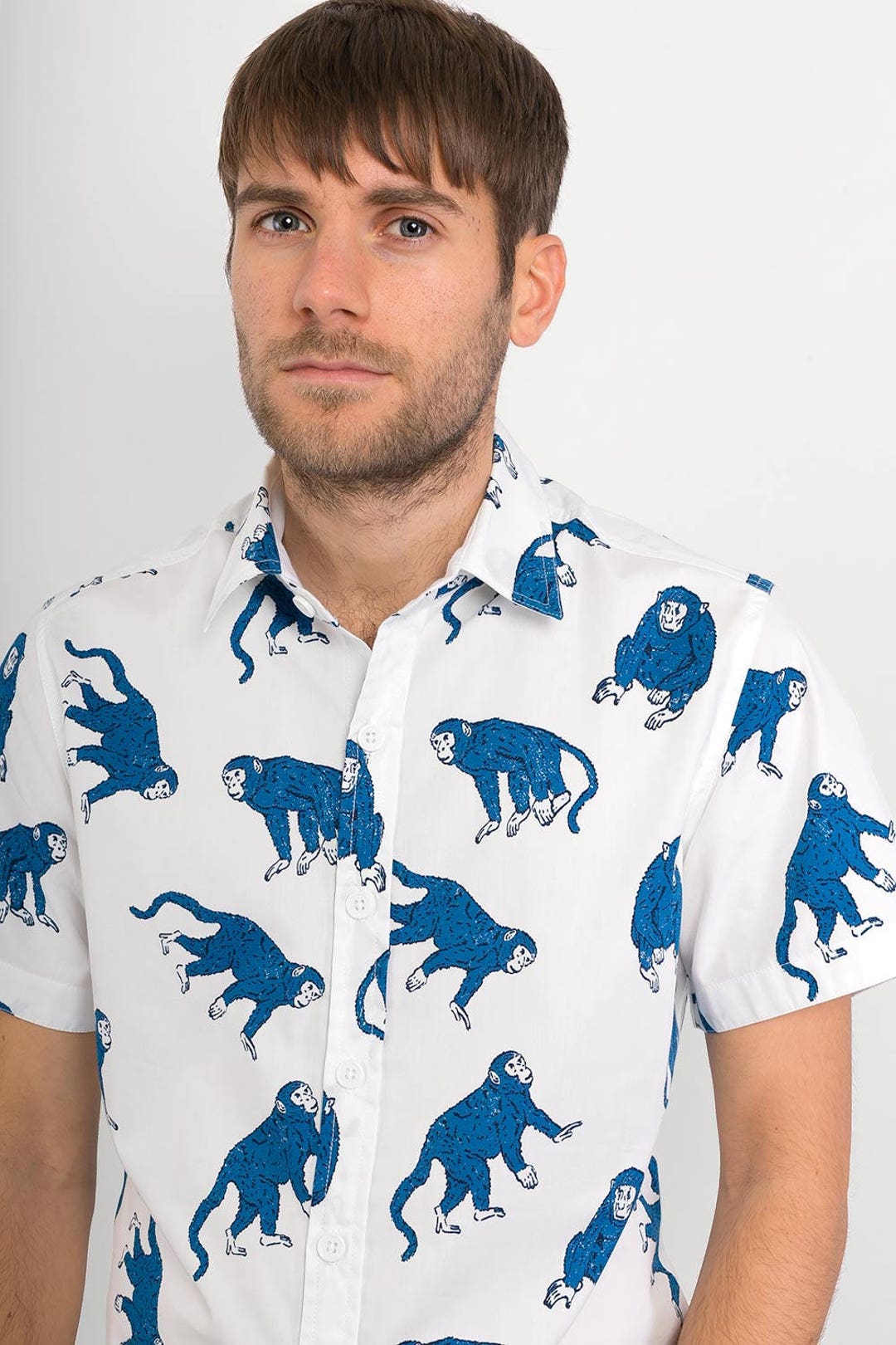 Mens 100% Cotton Short Sleeve Slim Fit Shirt Blue White Monkey Print - Etsy