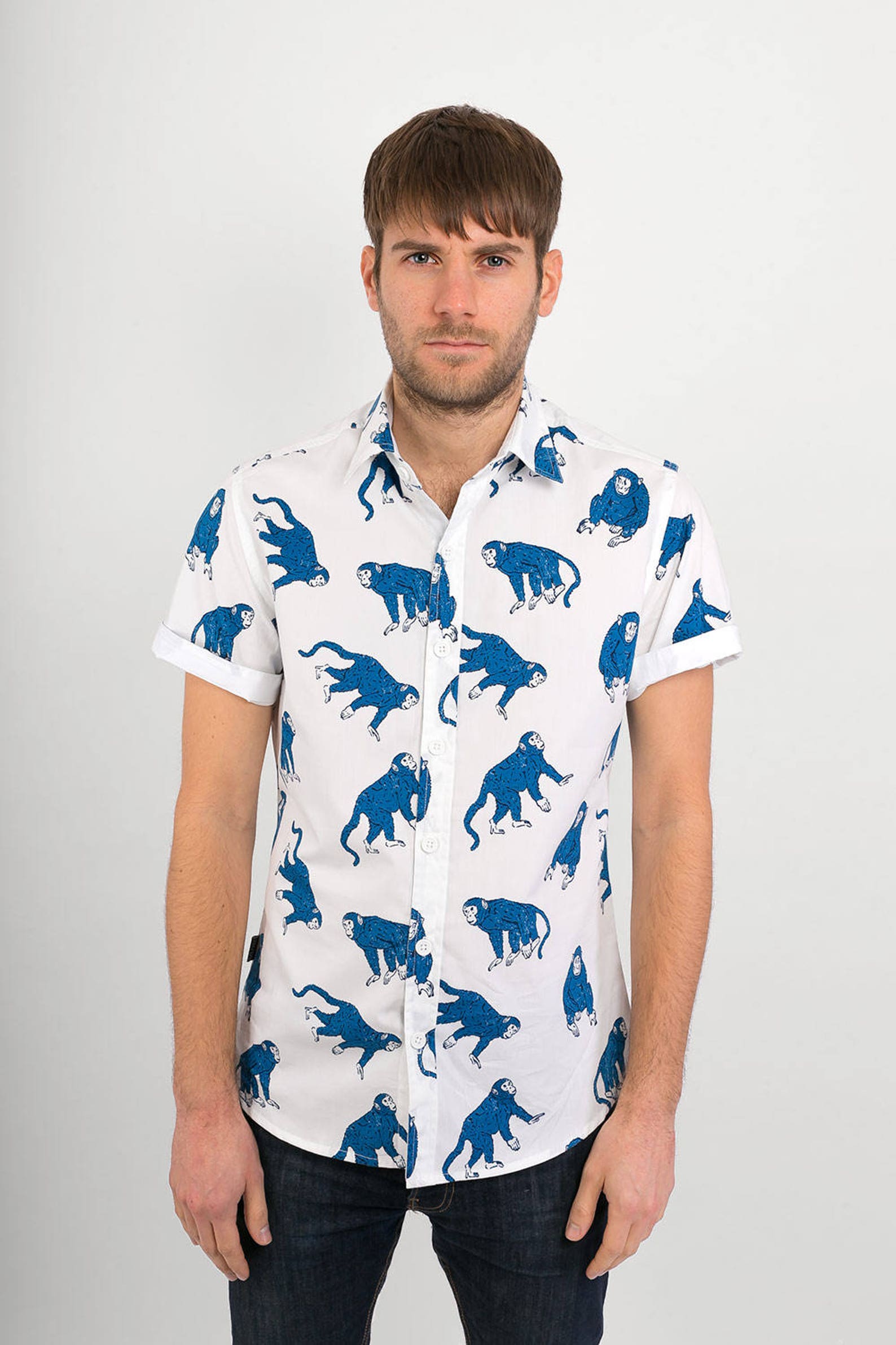 Mens 100% Cotton Short Sleeve Slim Fit Shirt Blue White Monkey Print - Etsy