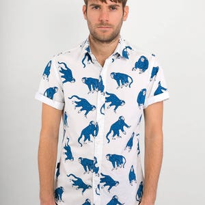 Mens 100% Cotton Short Sleeve Slim Fit Shirt Blue White Monkey Print - Etsy