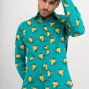 Mens 100% Cotton Long Sleeve Slim Fit Shirt Blue Green Monkeys Print - Etsy