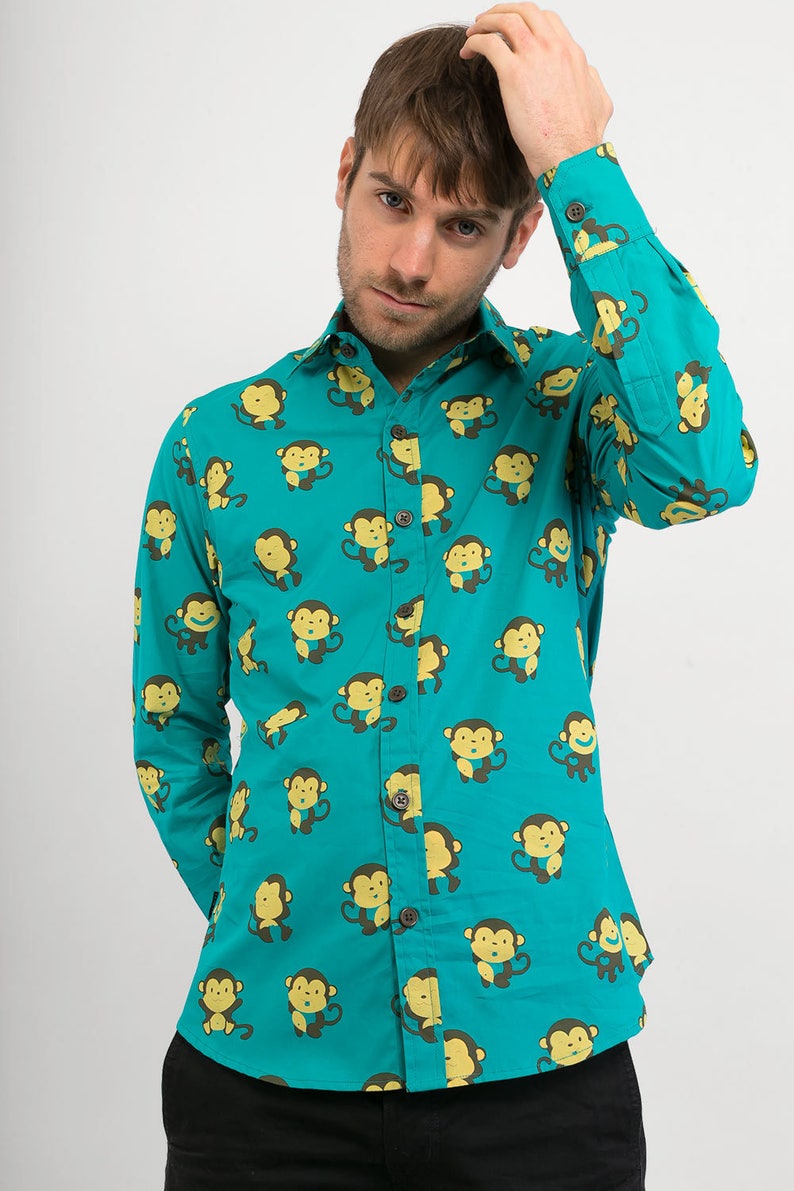 Mens 100% Cotton Long Sleeve Slim Fit Shirt Blue Green Monkeys - Etsy