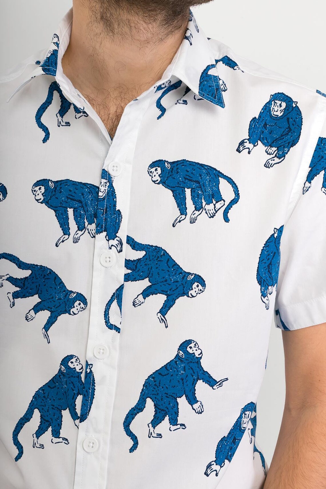 Mens 100% Cotton Short Sleeve Slim Fit Shirt Blue White Monkey | Etsy