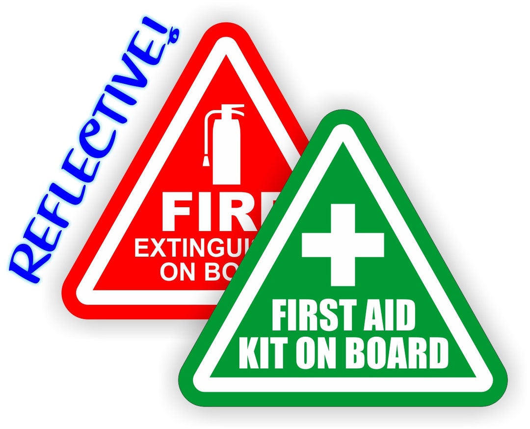 Pair REFLECTIVE Fire Extinguisher & First Aid Kit on Board Triangular ...