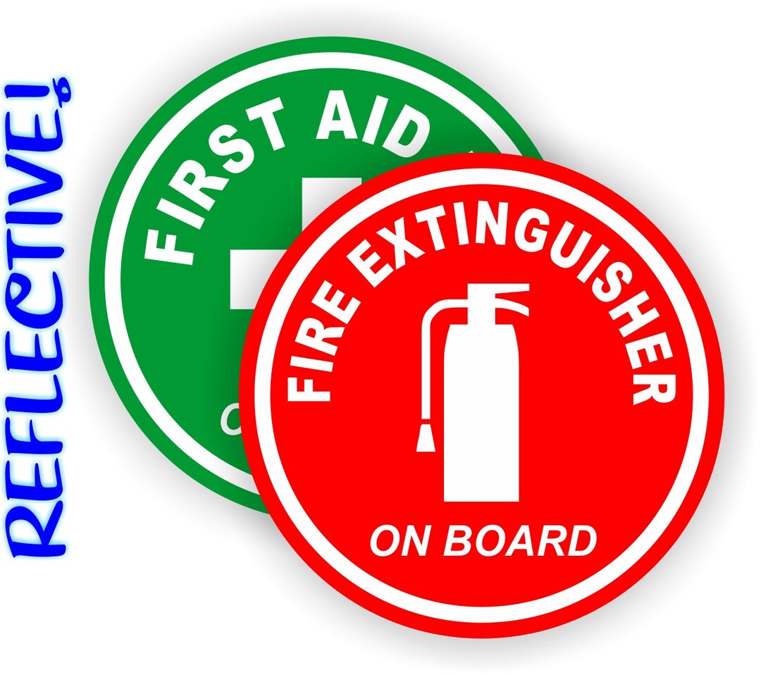 Pair REFLECTIVE Fire Extinguisher & First Aid Kit on Board Round Vinyl ...