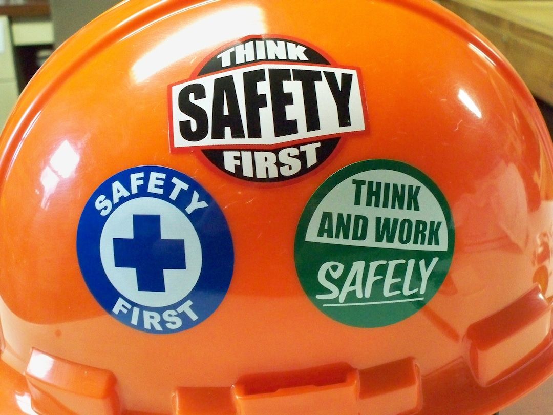 3 Hard Hat Stickers Think Safety First Work Safely Shop Factory Safe ...