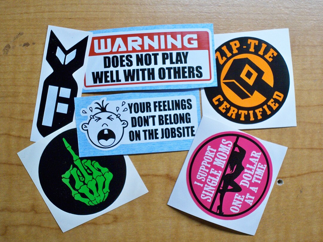 6-pack Funny Hard Hat Stickers | F-bomb Zip Tie Middle Finger Single ...
