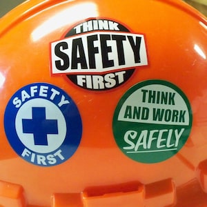 3 Hard Hat Stickers Think Safety First Work Safely Shop Factory Safe ...