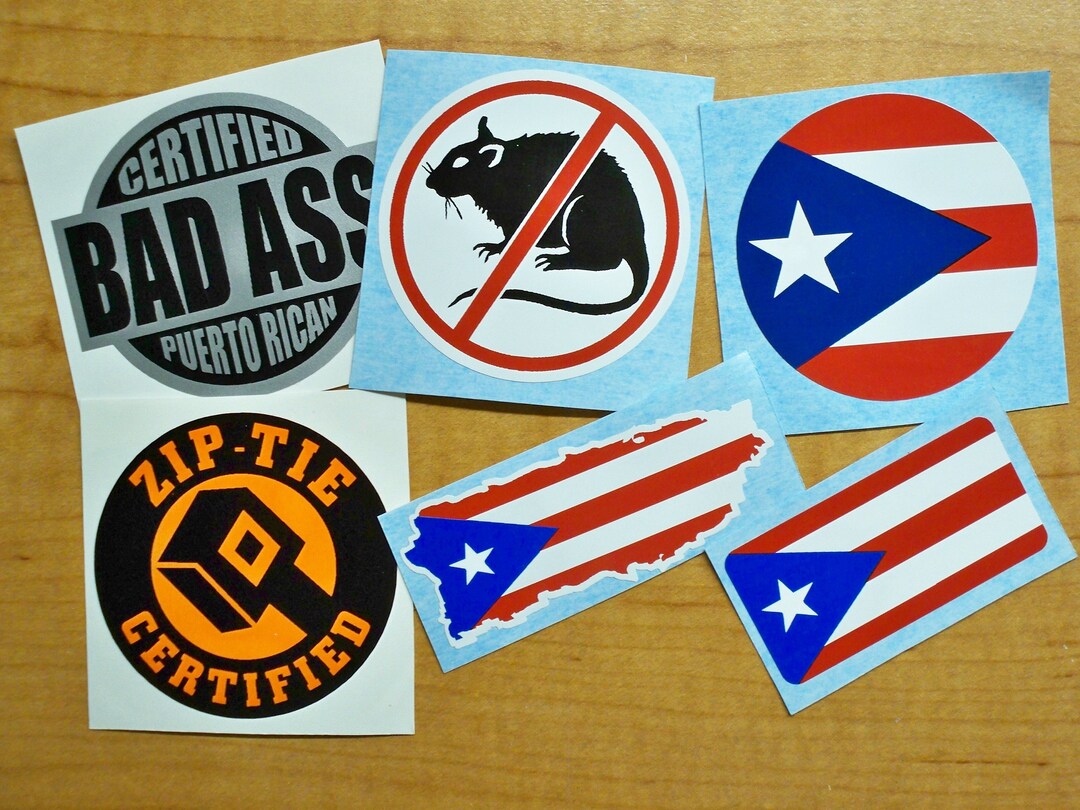 6-pack Funny Hard Hat Stickers | Bad Ass Puerto Rican No Rats Rico Flag ...