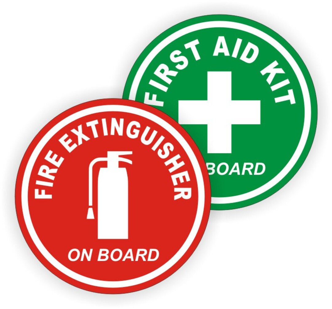Pair - Fire Extinguisher & First Aid Kit on Board Round Vinyl Stickers ...