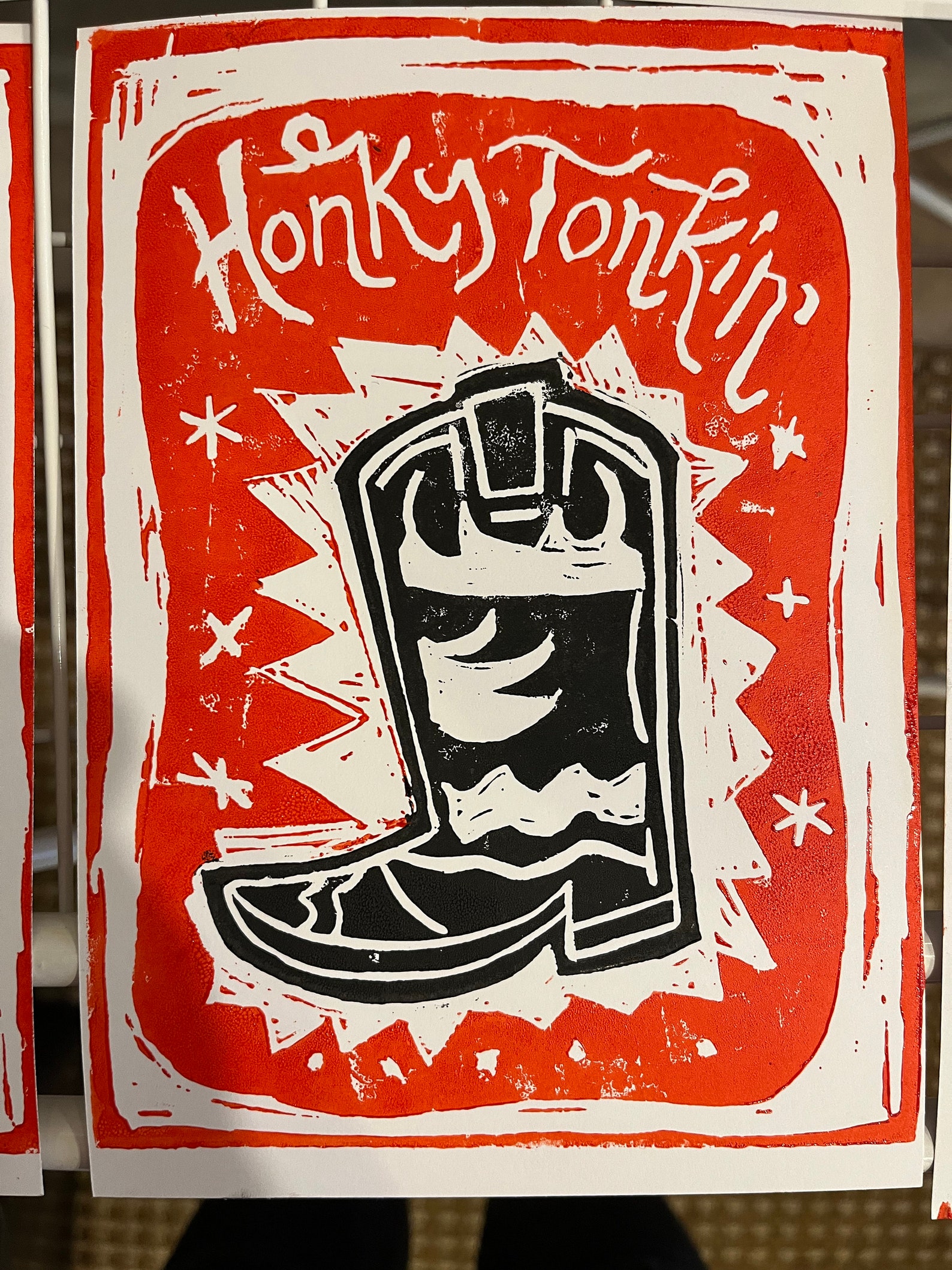 Honky Tonk Cowboy Boot Handmade Lino Cut Print A5 on Card - Etsy