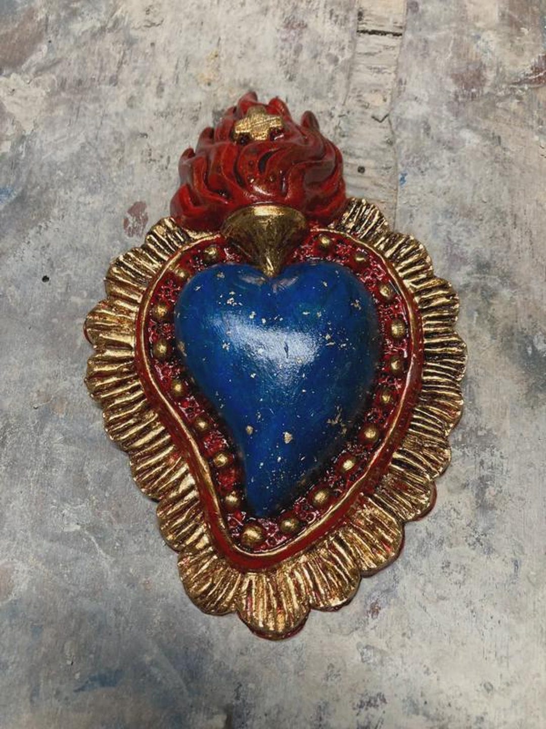 Ex Voto / Sacred Heart With Cross - Lapis Blue, Red, Gold - Etsy