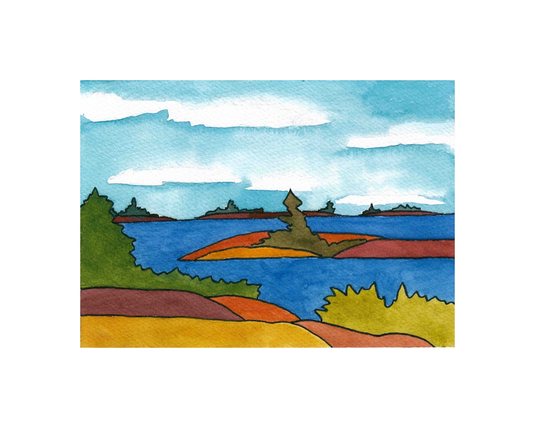 Watercolour and Ink Print Landscape of Georgian Bay | Cunningham Island ...