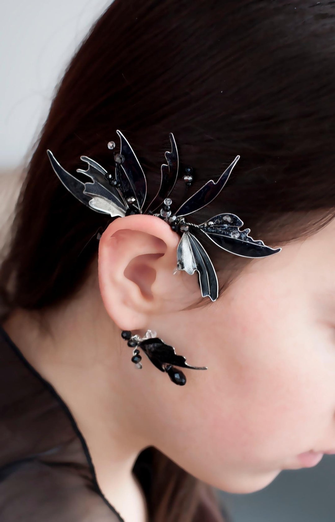 Statement Black Ear Cuff Wrap Ear Cuff Black Elven Cuff Wing ...