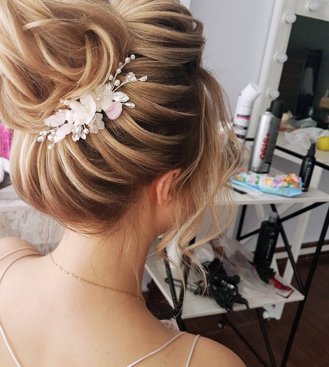 Small Flower Comb Ivory Flower Comb Pink Butterflies Pearls Hair Comb ...