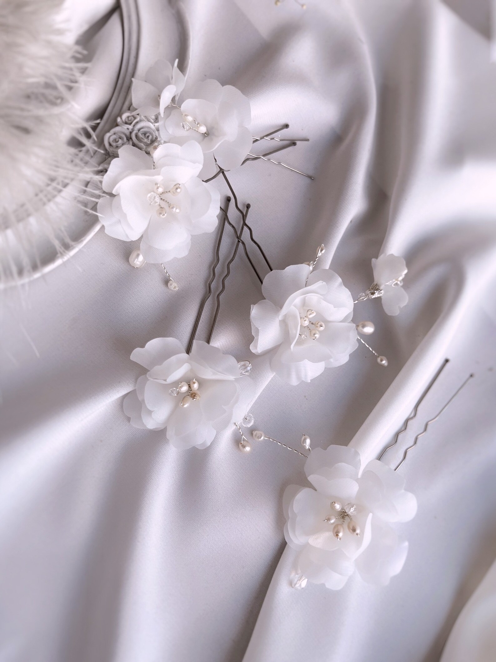 Silk Flower Hair Pins White Pearls Fabric Flower Hair Piece Wedding ...
