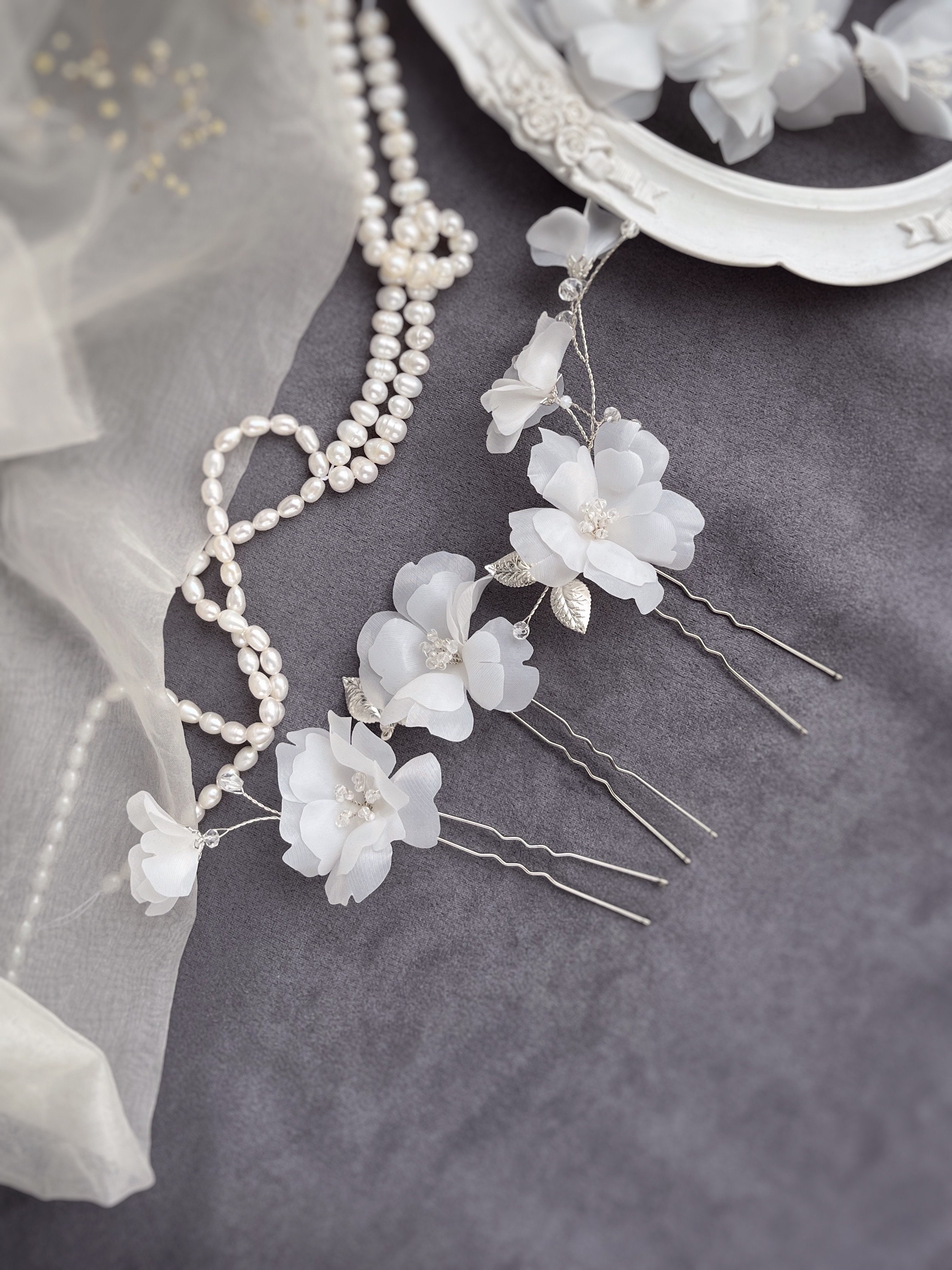 Silk Flower Hair Pins White Hair Piece Gold Wedding Boho - Etsy