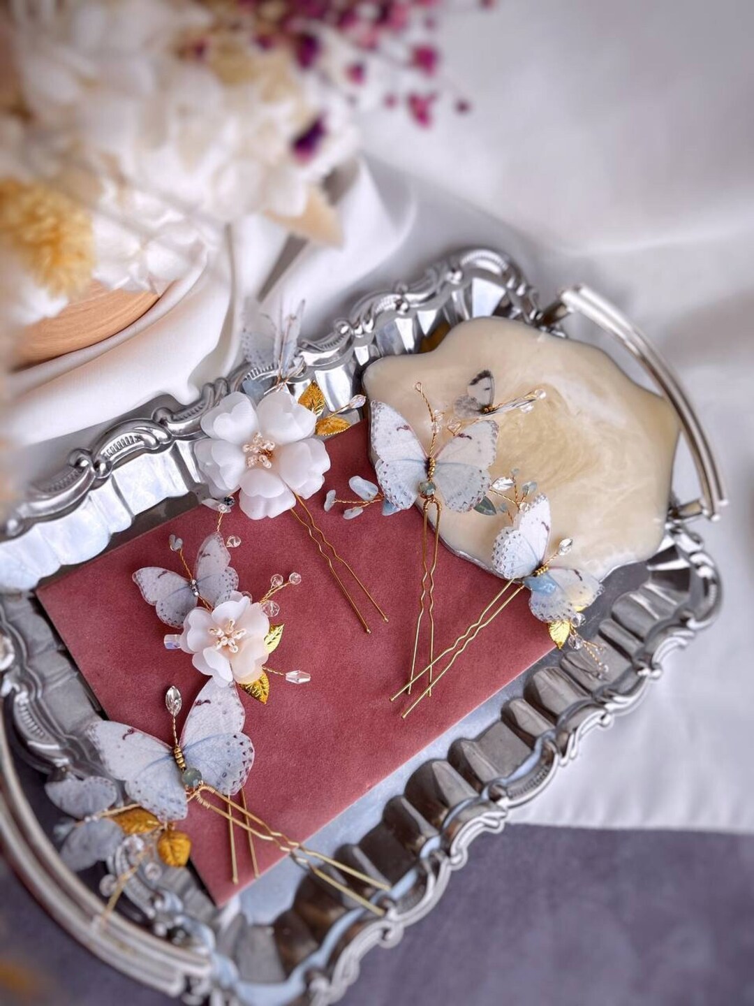 Luxurious Hairpin Set With Silk Light Blue Butterflies Vines Crystals ...