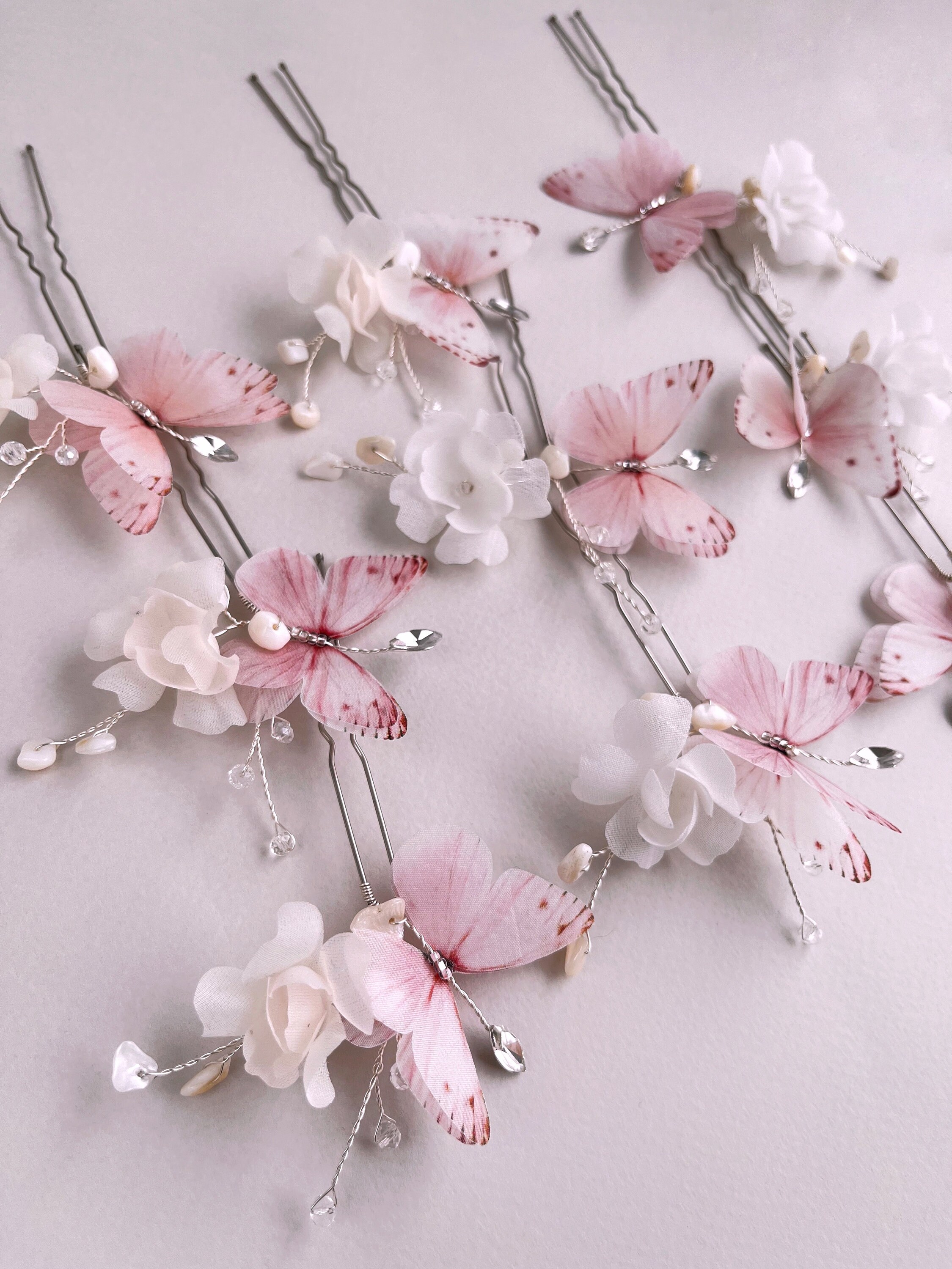 Bridesmaid Set Pink Butterflies Floral Hair Piece Blush Wedding Hair ...