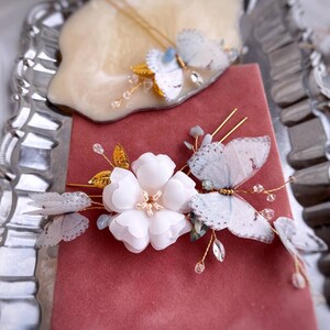 Luxurious Hairpin Set With Silk Light Blue Butterflies Vines Crystals ...