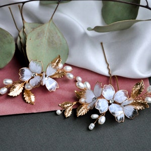 Floral Hair Pins Flower Hairpiece Bridal Hair Pin Golden Leaves Pin Bud ...
