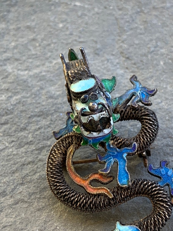 Vintage Enamel Dragon Pin, dragon brooch, gold wash d… - Gem