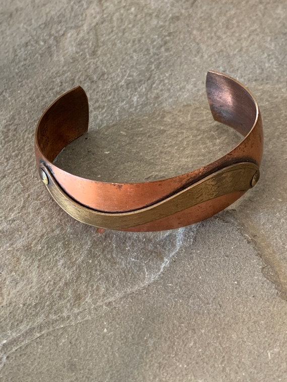 Vtg SS with Copper Accents Cuff Bracelet - Native American Arts & Crafts
