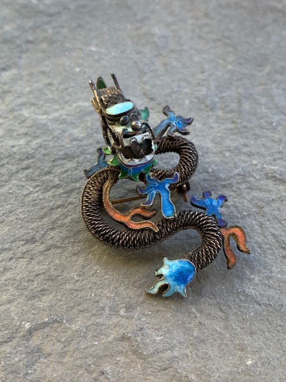 Vintage Enamel Dragon Pin, dragon brooch, gold wash d… - Gem