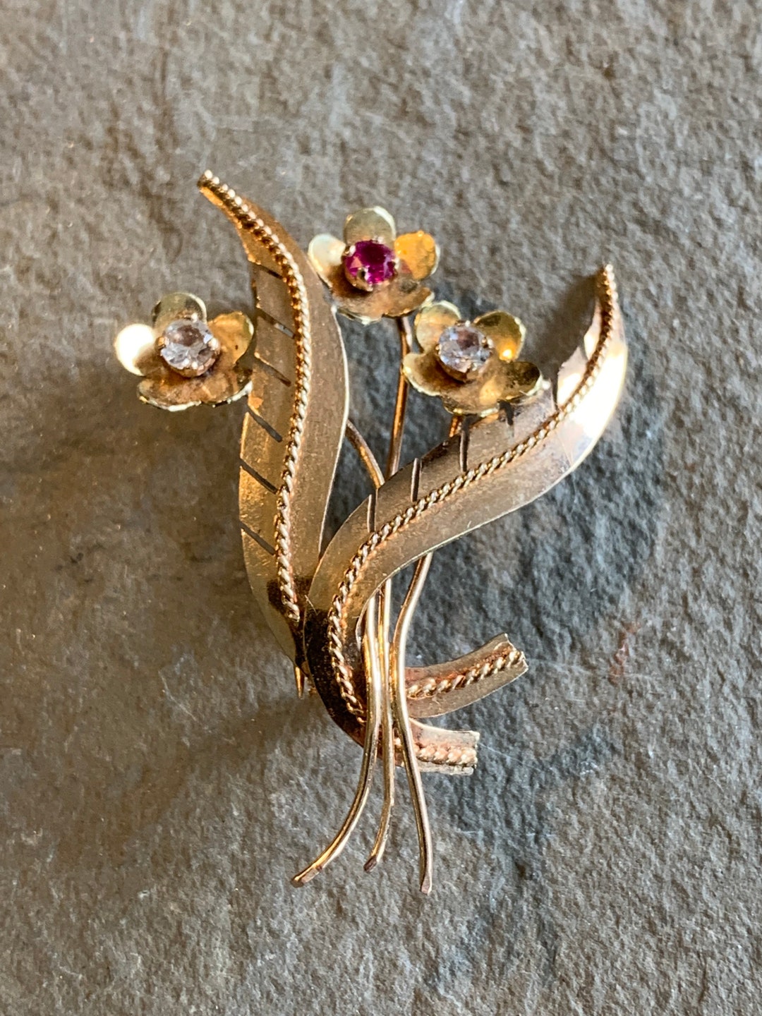 Vintage 14 Kt Gold Flower Pin With Red and Clear Stones - Etsy