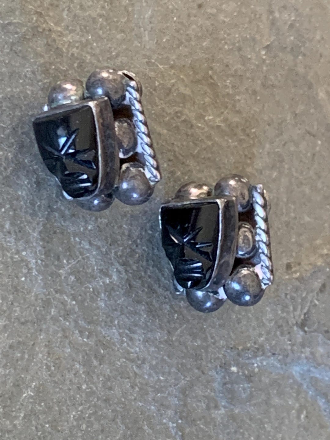 Mayan Mask Black Onyx and Silver Clip Earrings - Etsy
