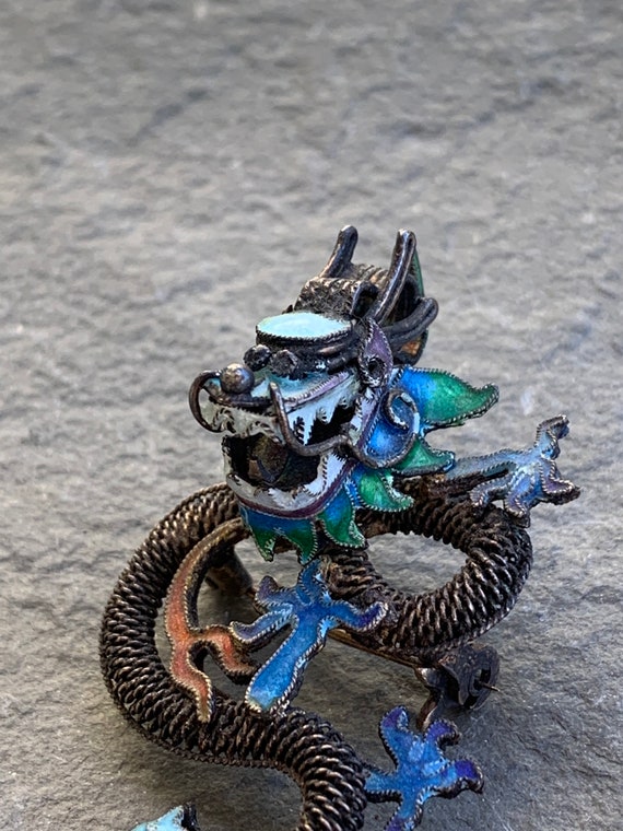 Vintage Enamel Dragon Pin, dragon brooch, gold wash d… - Gem