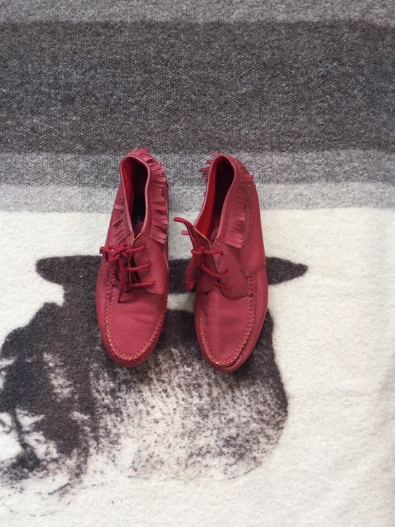 Dark Red Moccasin Fringe Wedge Booties - Gem