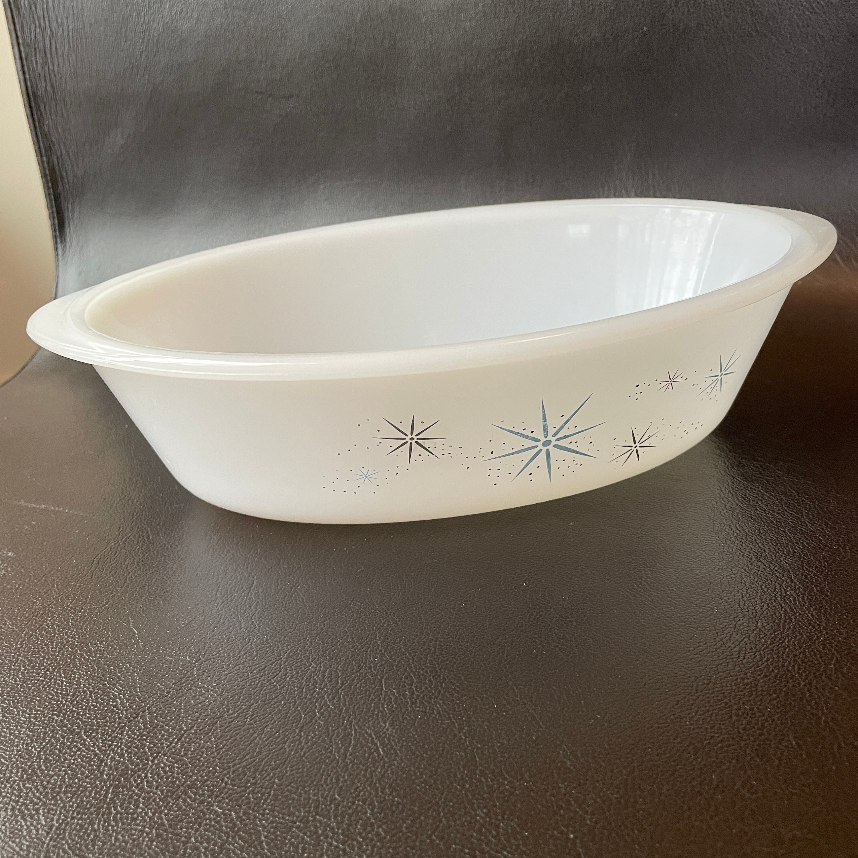Vintage MCM Glasbake Milkglass Oval Casserole Atomic Starbursts Stars-1 ...