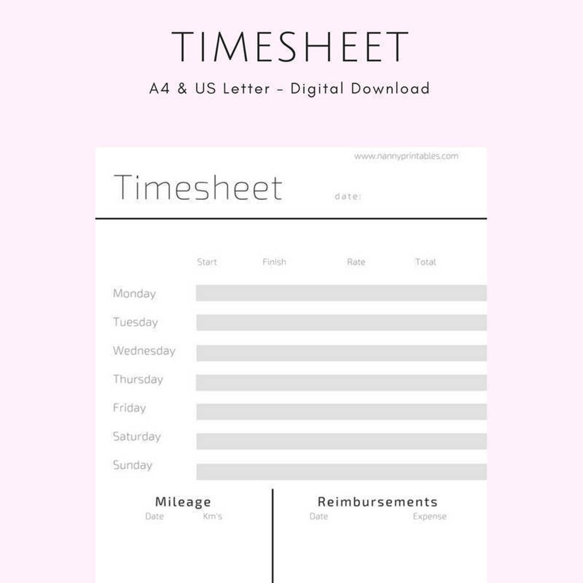 US Letter Timesheet | Minimalist Black & White | Instant PDF Download ...