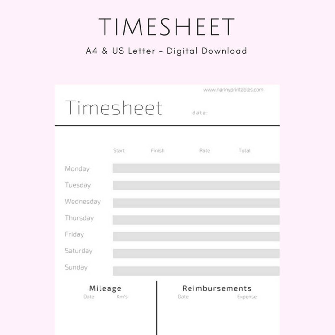 A4 Timesheet | Minimalist Black & White | Instant PDF Download - Etsy