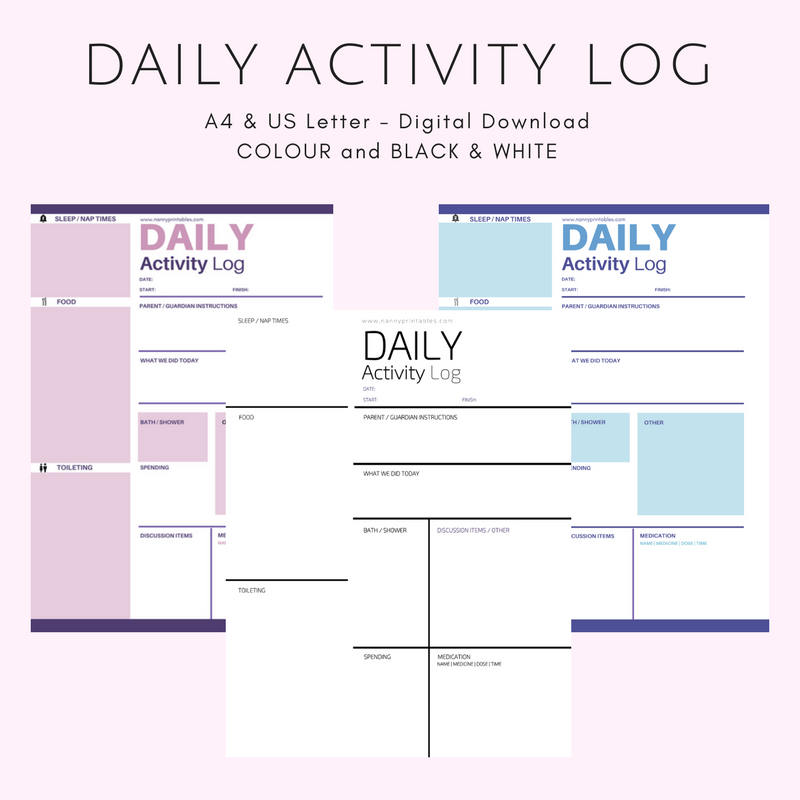 A4 Daily Activity Log - Black & White - Instant PDF Download - Etsy