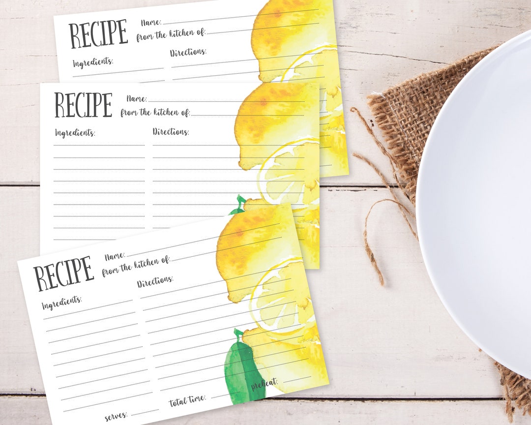 Printable Recipe Cards 4x6 Watercolor Painted Lemons DIY Recipe Cards ...