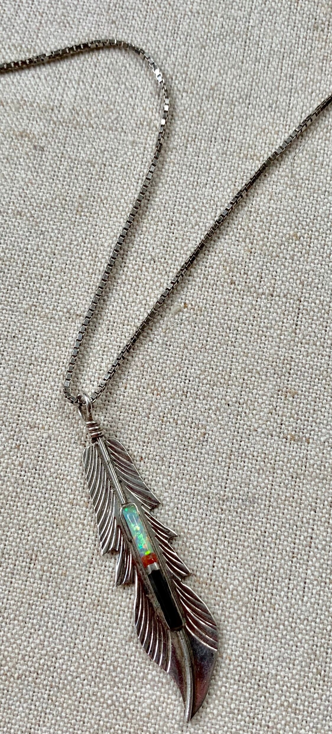 Navajo Feather Pendant Necklace Sterling Silver Opal Coral Black Onyx ...