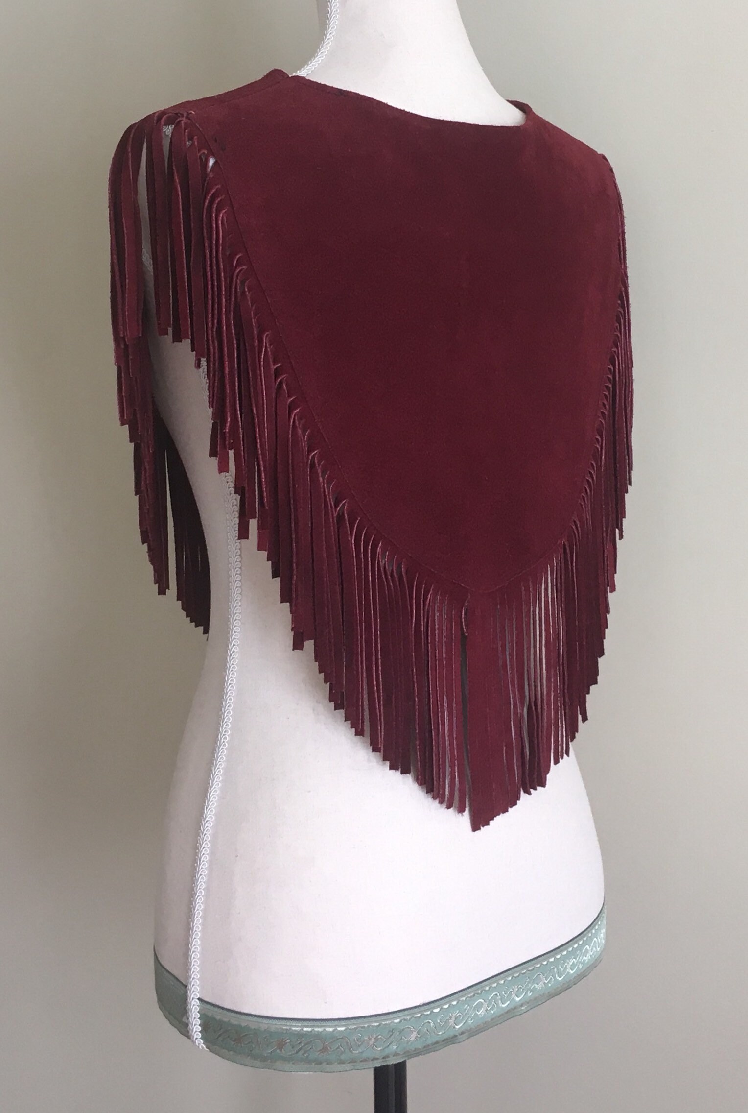 Burgundy Suede Fringe Poncho Vintage Western Wear Concho Detail Beaded ...