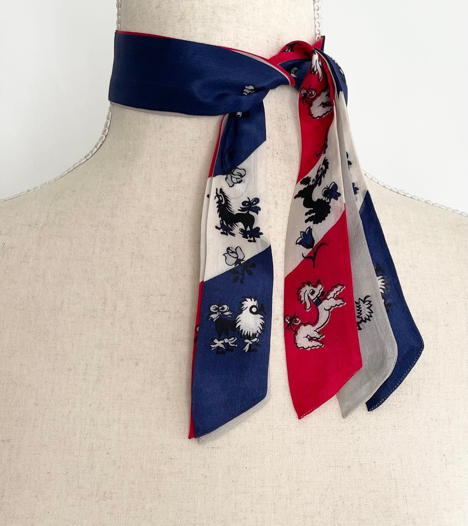 French Poodle Silk Tri Tie Vintage 50s Pure Silk Neck Tie Scarf Made in ...